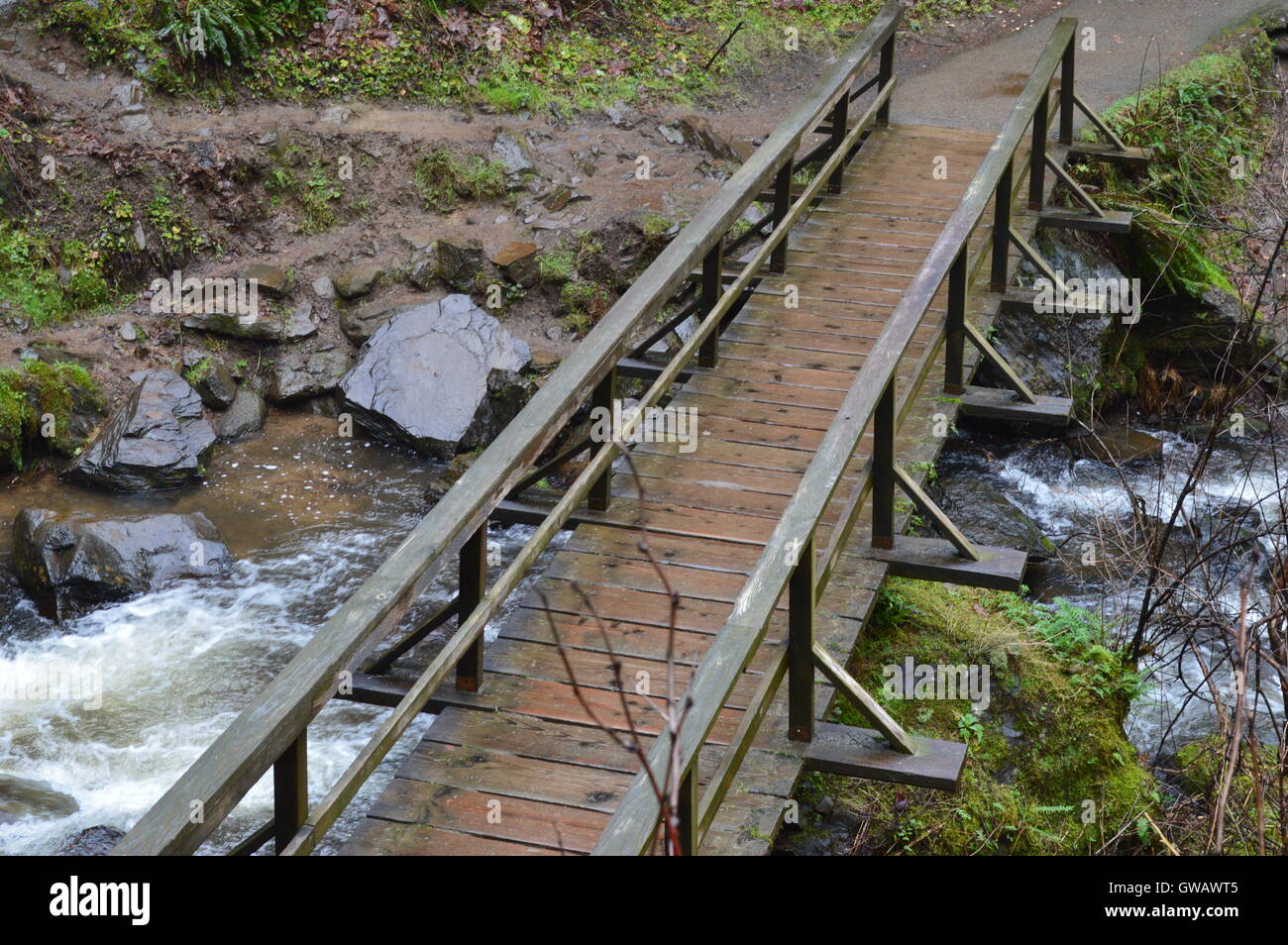 Waterfall wooden bridge hi-res stock photography and images - Alamy
