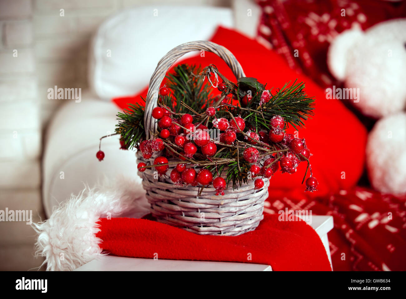 Christmas background with berry basket Stock Photo - Alamy