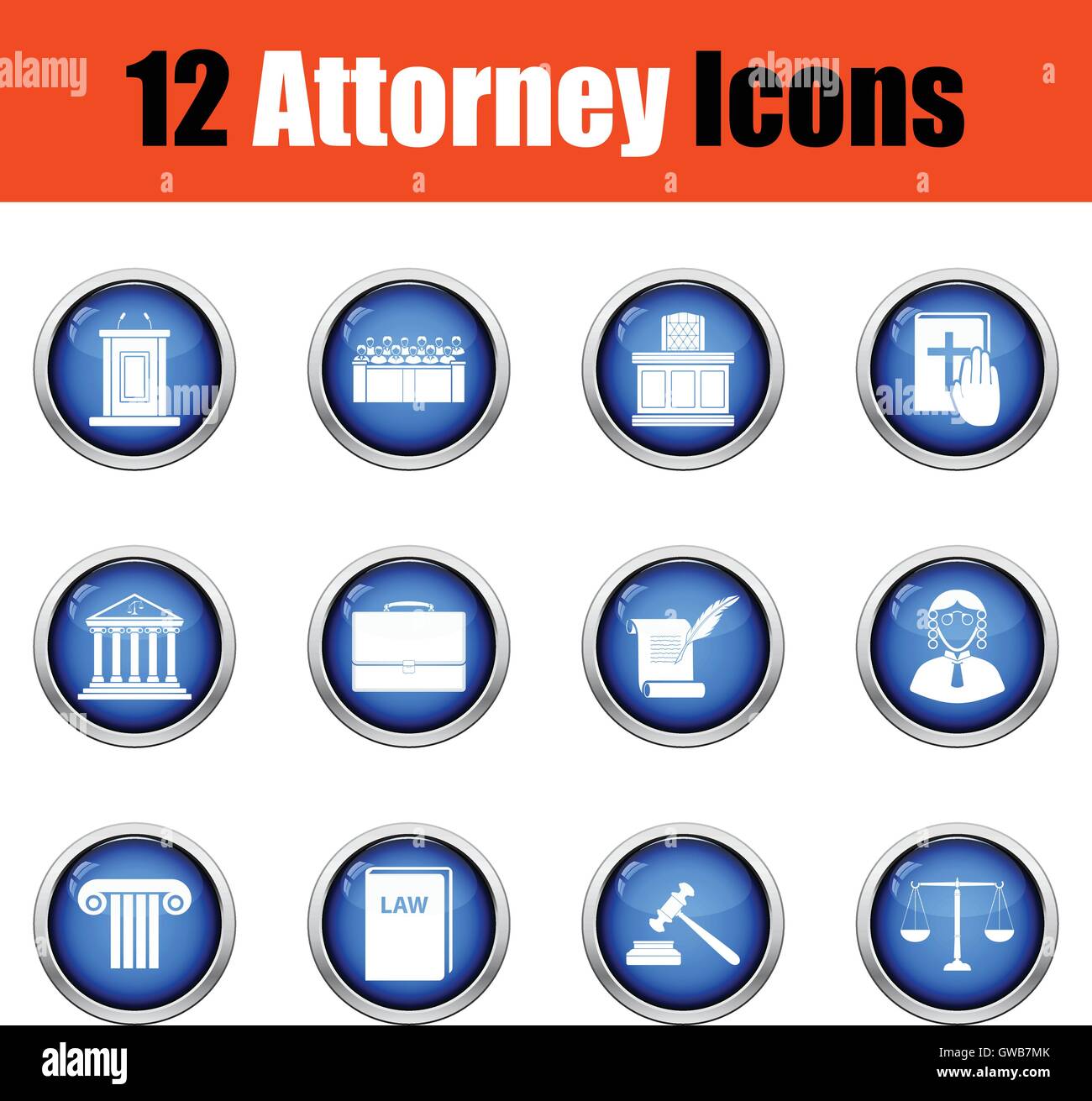 Set of attorney icons. Glossy button design. Vector illustration Stock ...
