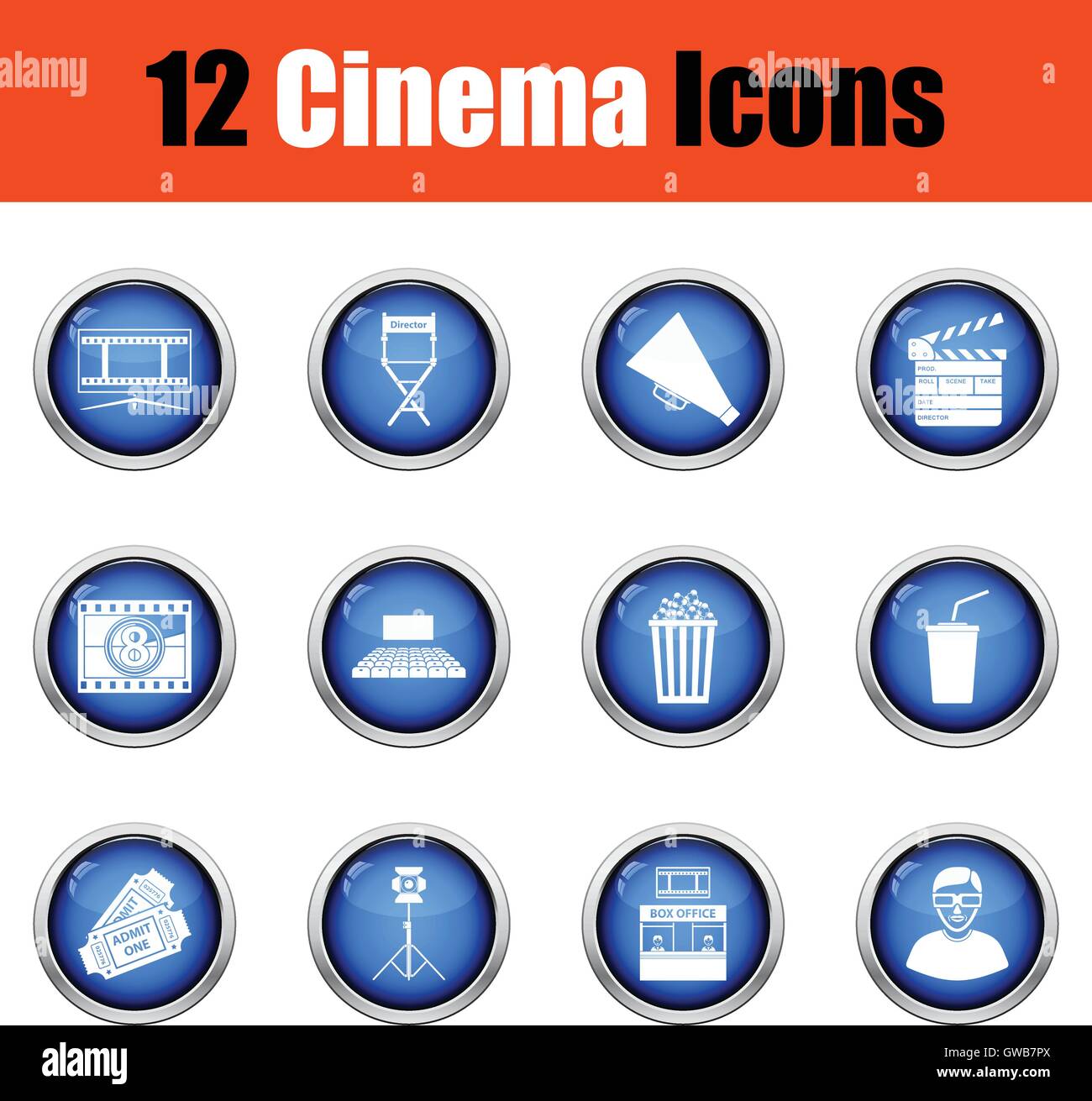Set of cinema icons. Glossy button design. Vector illustration Stock ...