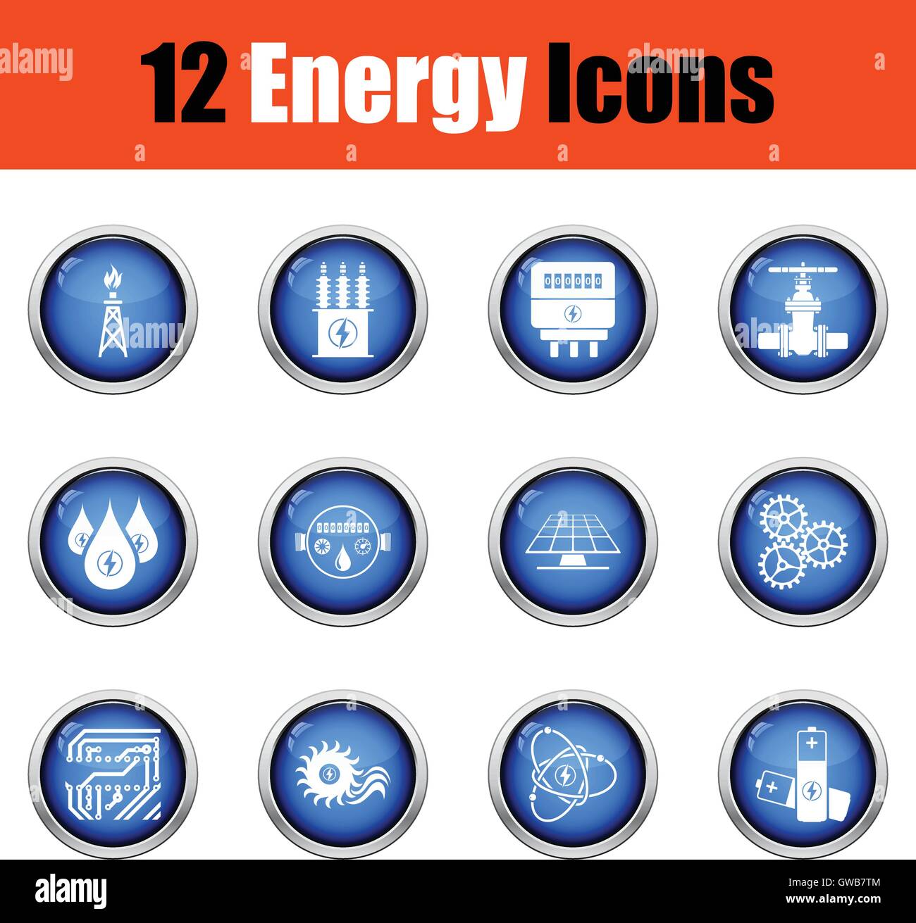 Energy icon set. Glossy button design. Vector illustration Stock Vector ...