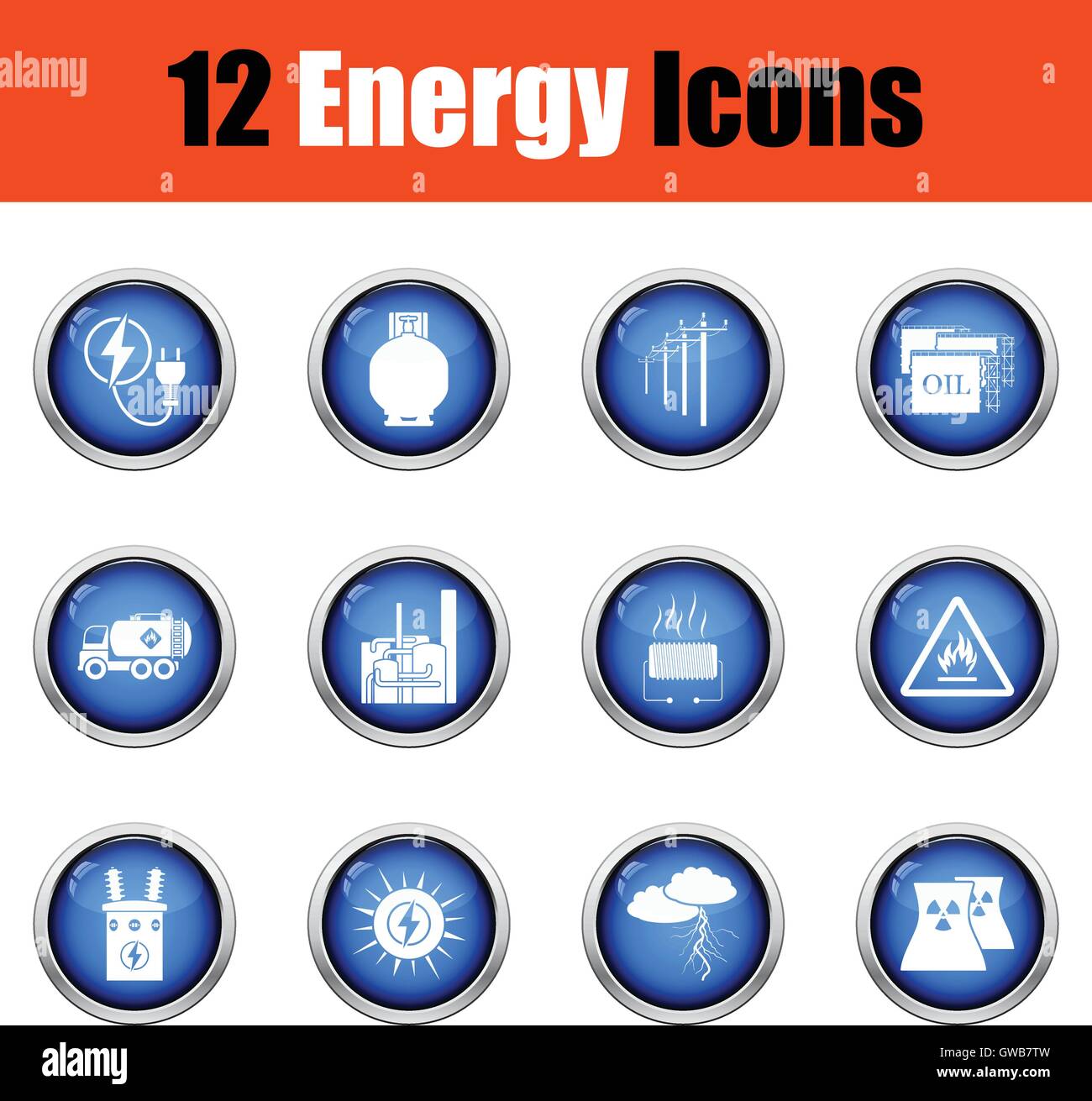Energy icon set. Glossy button design. Vector illustration Stock Vector ...