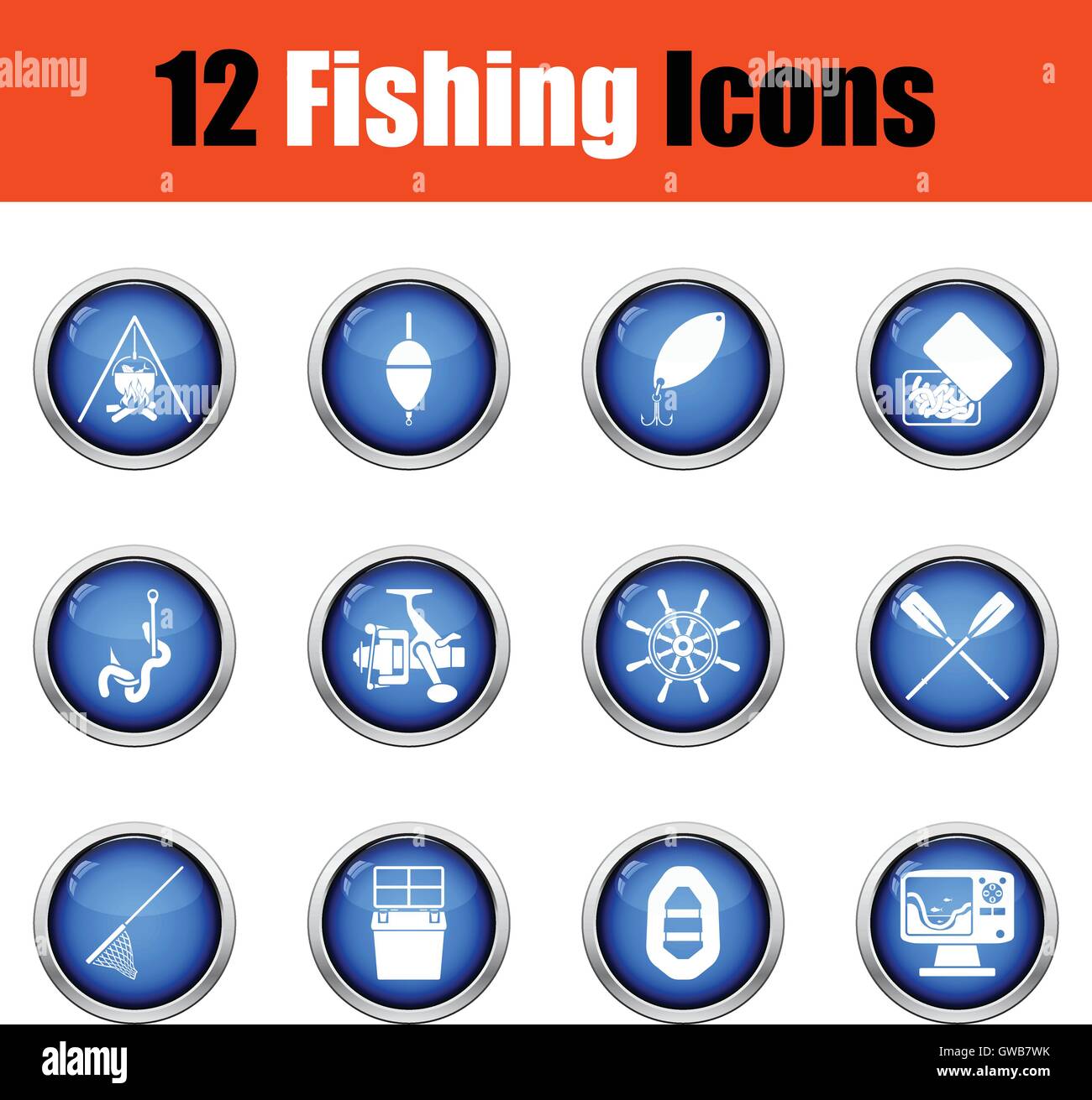 Fishing icon set. Glossy button design. Vector illustration Stock ...