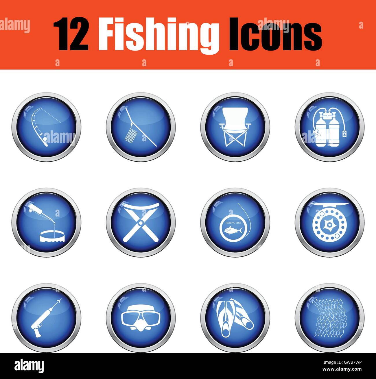 Fishing icon set. Glossy button design. Vector illustration Stock ...