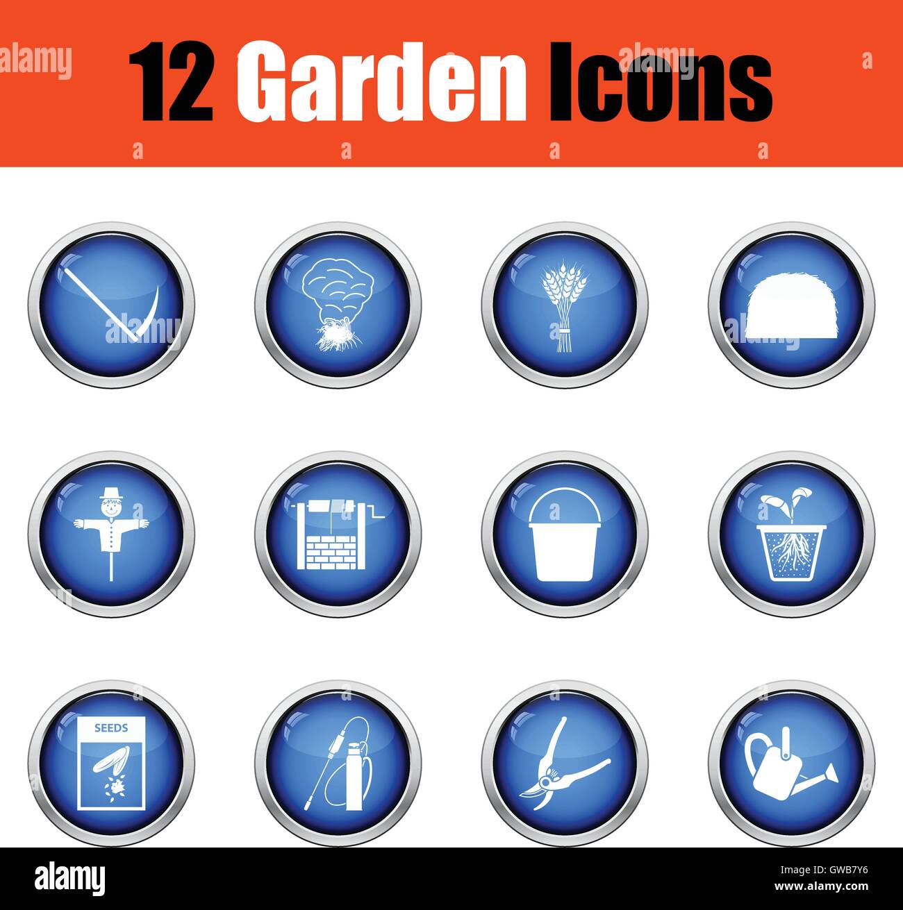Set of gardening icons. Glossy button design. Vector illustration Stock ...