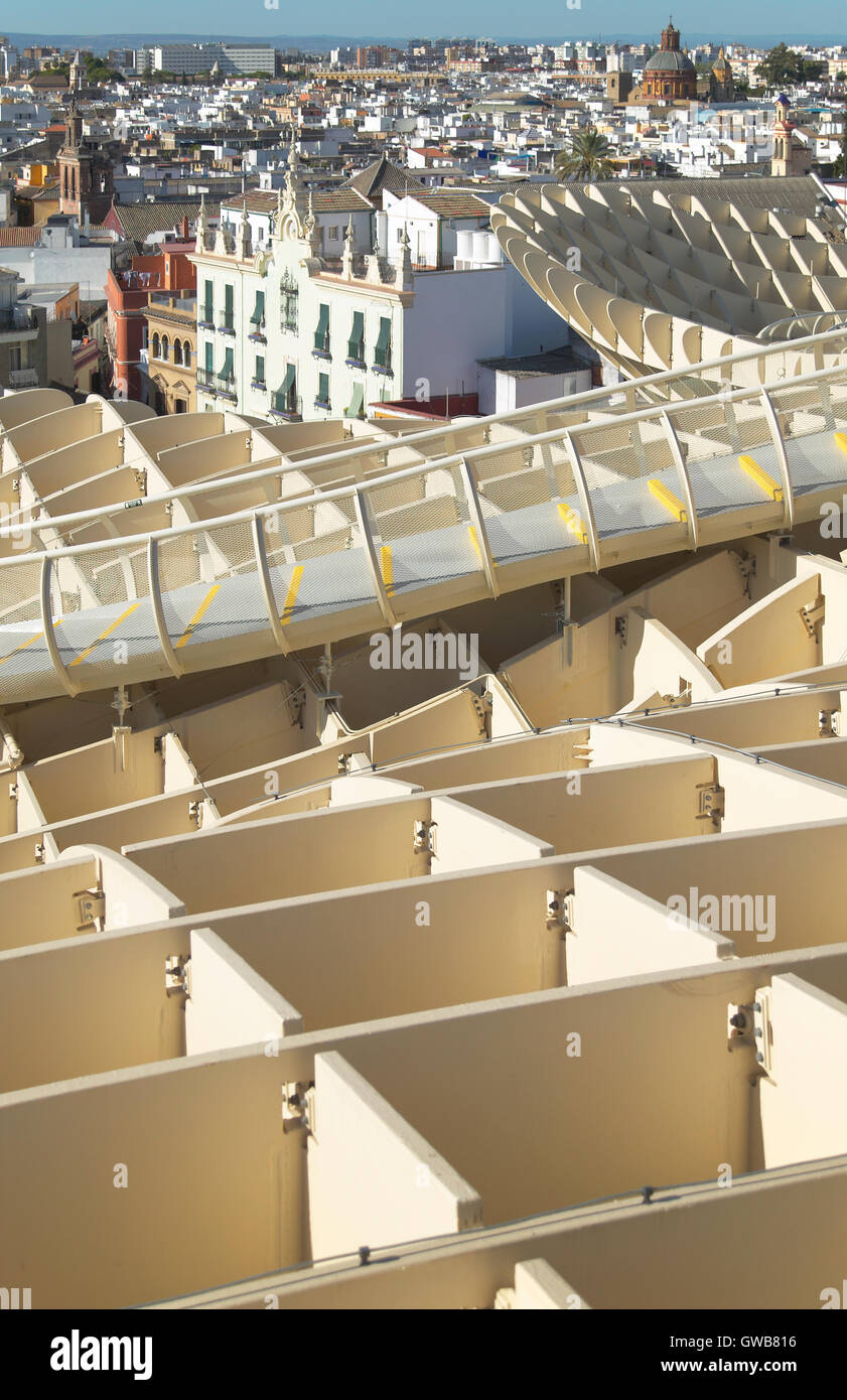 Old building facades and sunshade building in Seville. Spain. Vertical ...