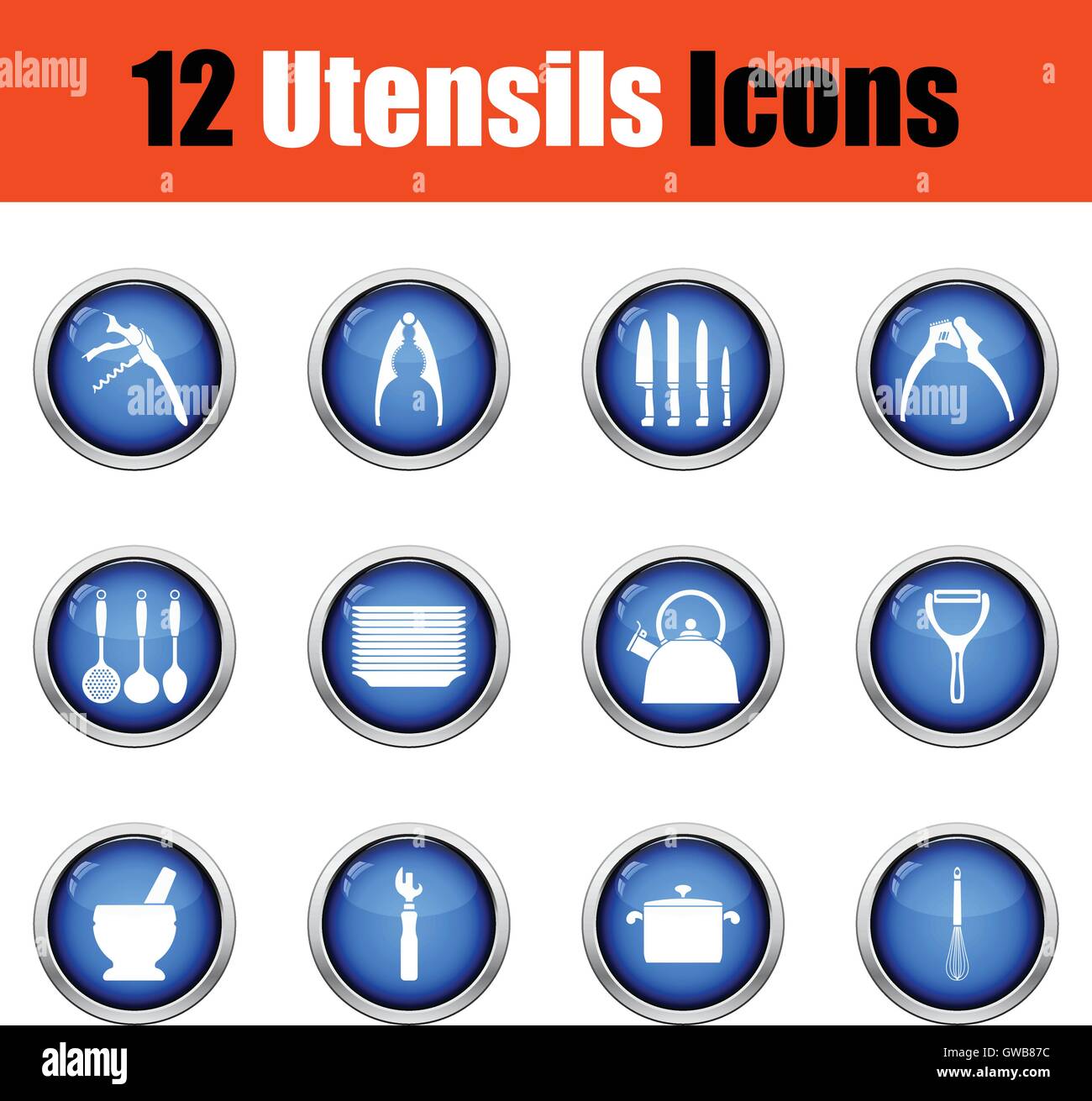 Utensils icon set. Glossy button design. Vector illustration Stock ...