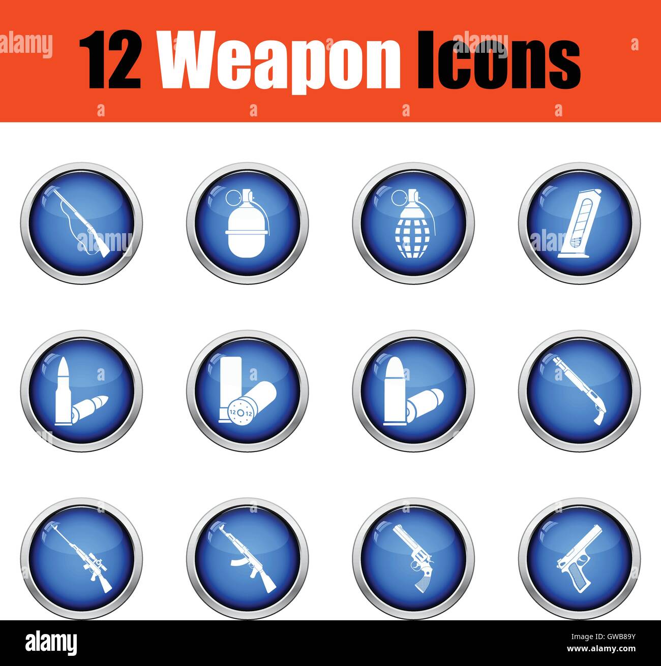 Set of twelve weapon icons. Glossy button design. Vector illustration ...
