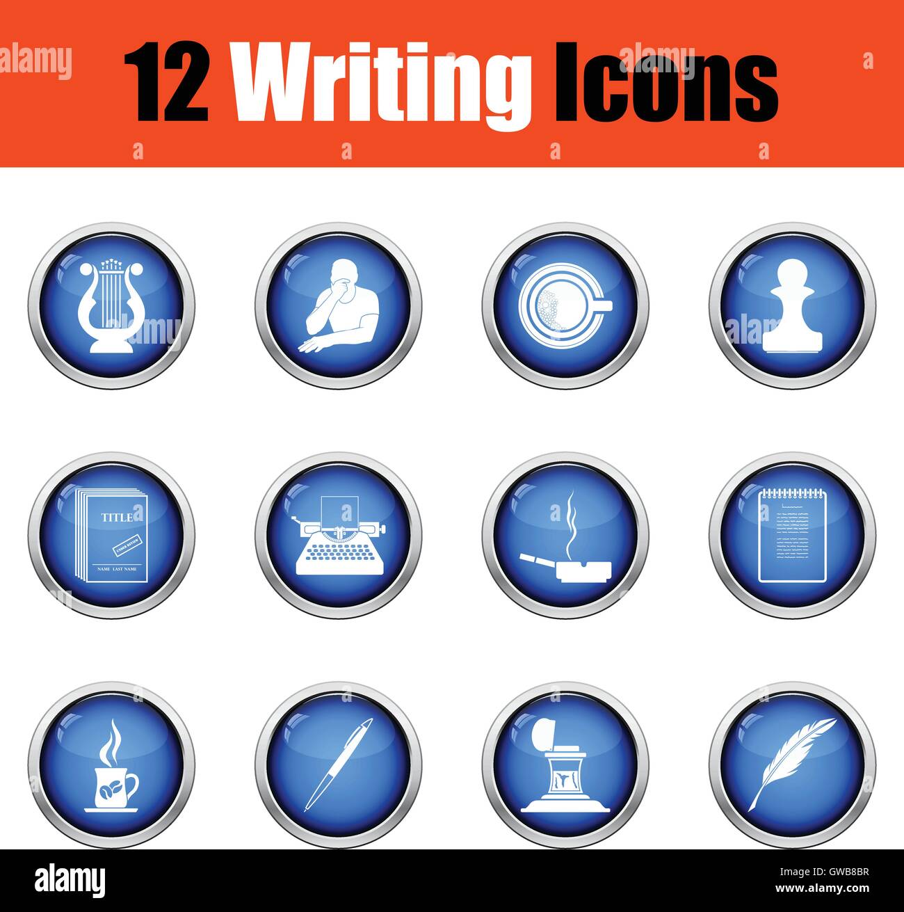 Set of writer icons. Glossy button design. Vector illustration Stock ...