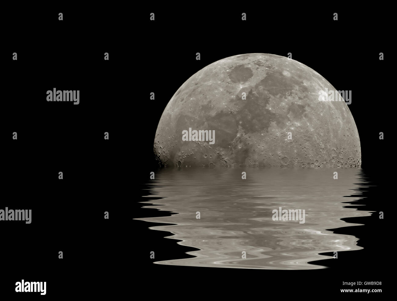 Moon near the sky line (horizon) at the black sky with its reflection ...