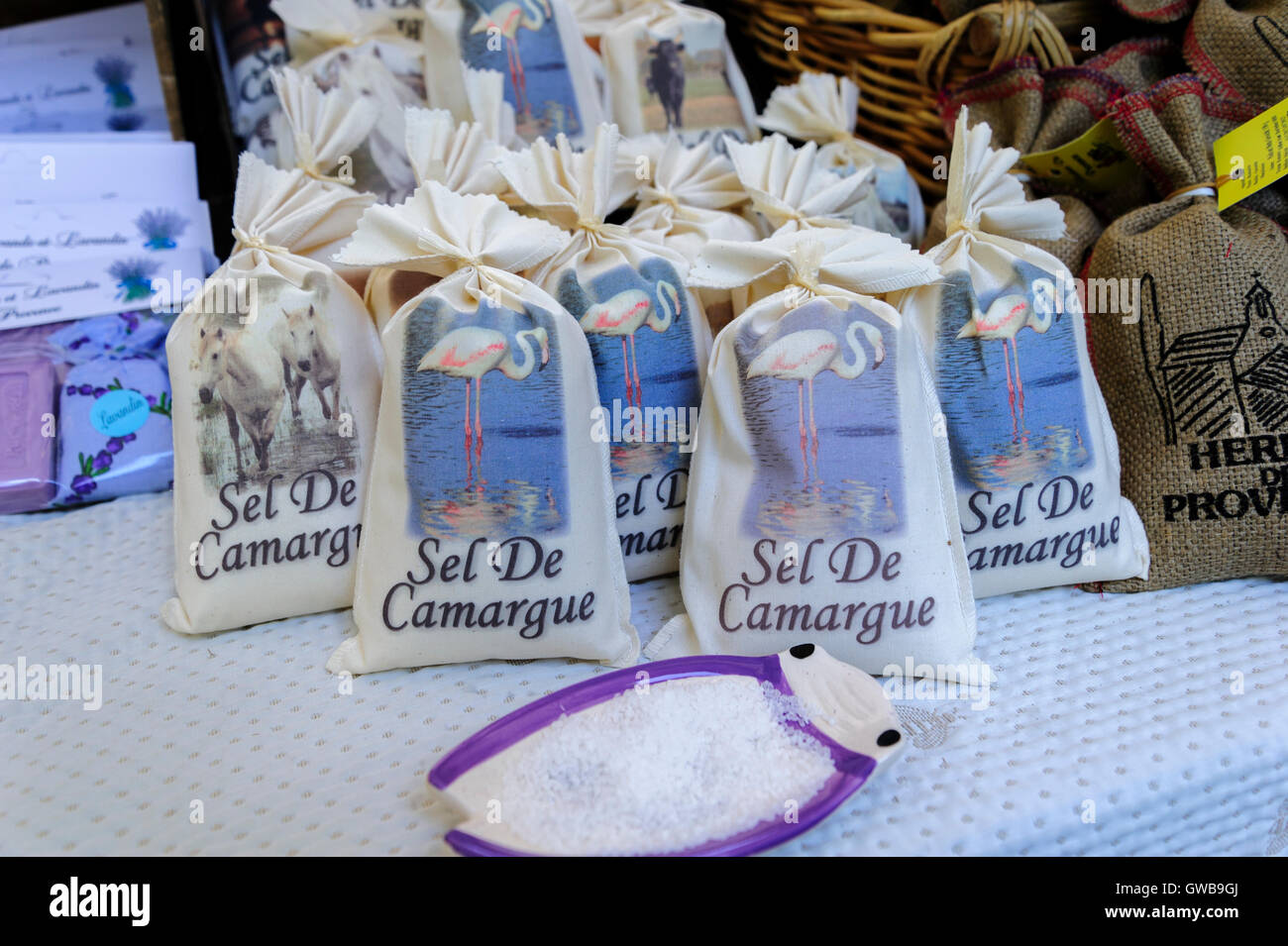 Artisanal Camargue salt on display at a traditional Provence market ...
