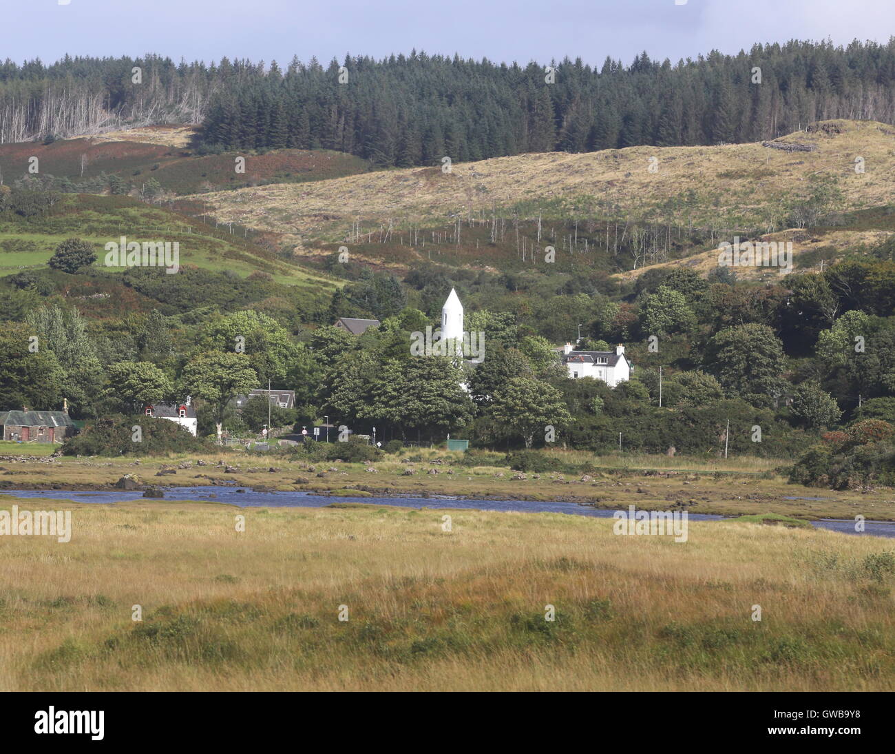 Distant view of Kilmore Church, Dervaig Isle of Mull Scotland September ...