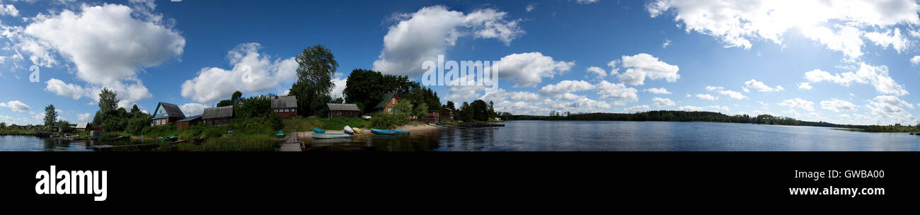 The Seliger Lake (Russia) summer nature panorama with a village ...