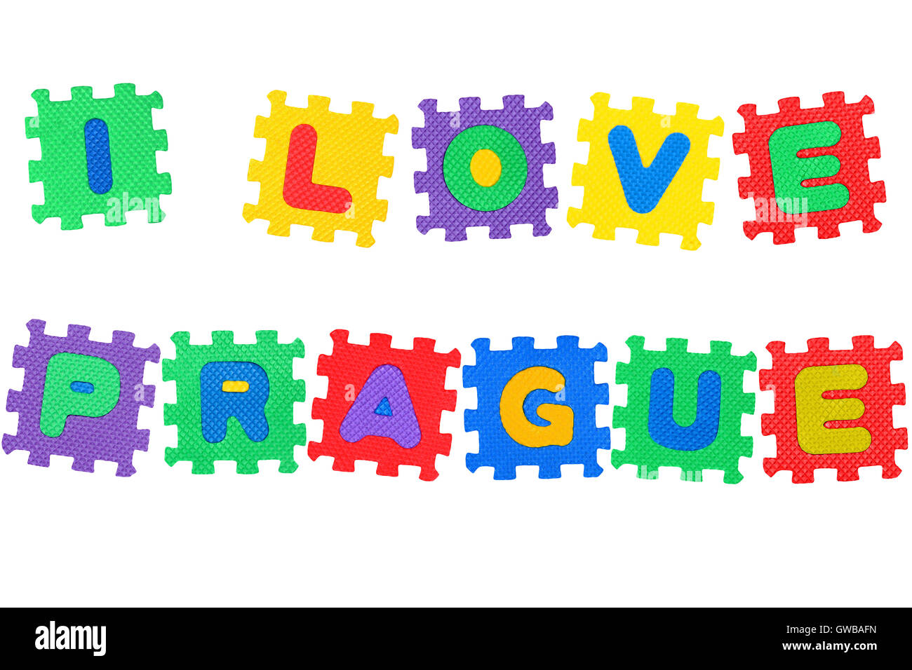 Message I Love Prague, from letters puzzle, isolated on white ...