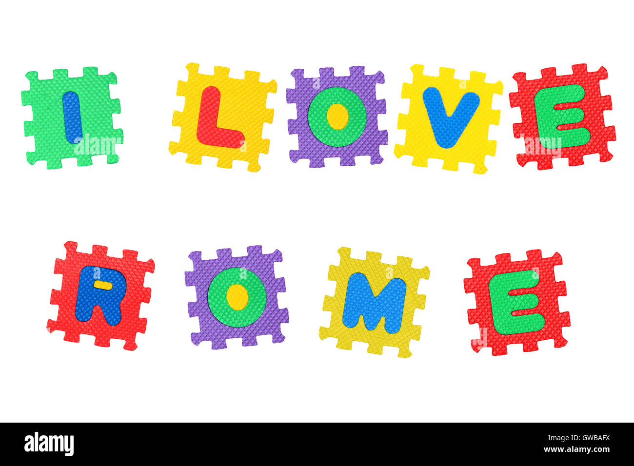 Message I Love Rome, from letters puzzle, isolated on white background ...