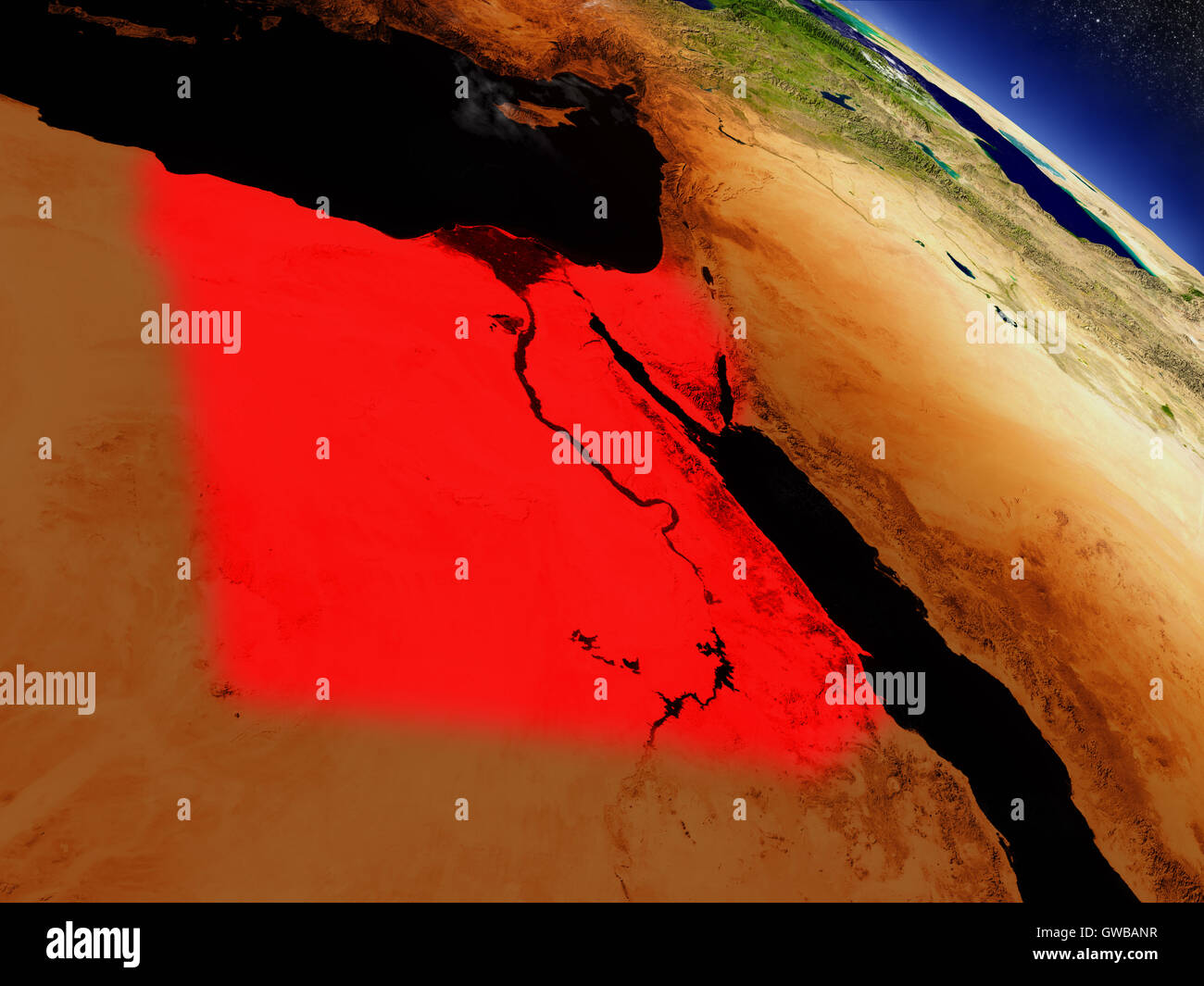 Egypt highlighted in red as seen from Earth's orbit in space. 3D ...