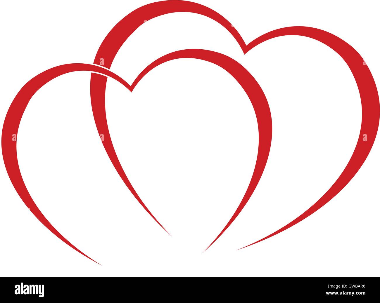 Two linked red hearts, two lovers hearts, isolated vector illustration ...