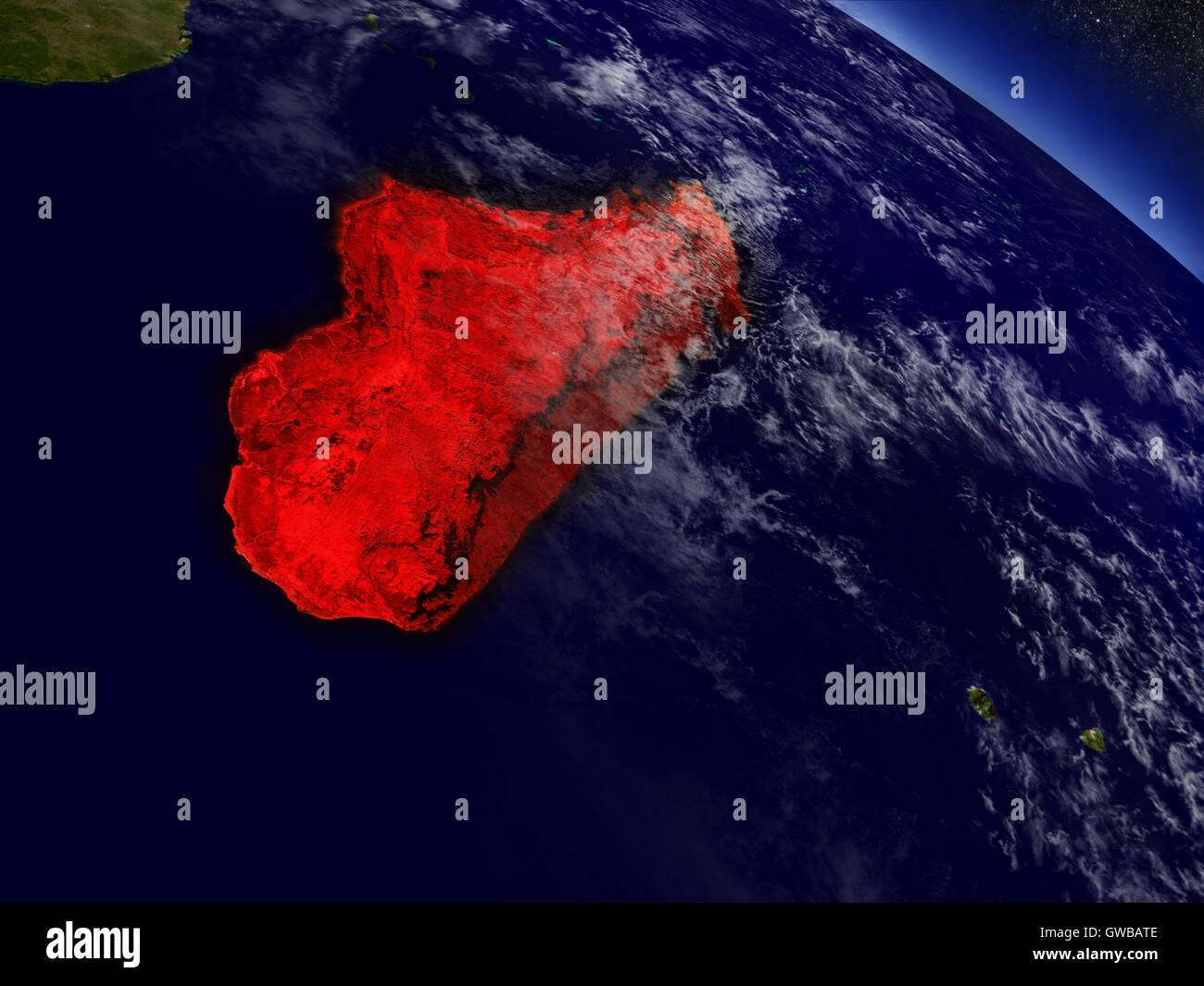 Madagascar highlighted in red as seen from Earth's orbit in space. 3D ...
