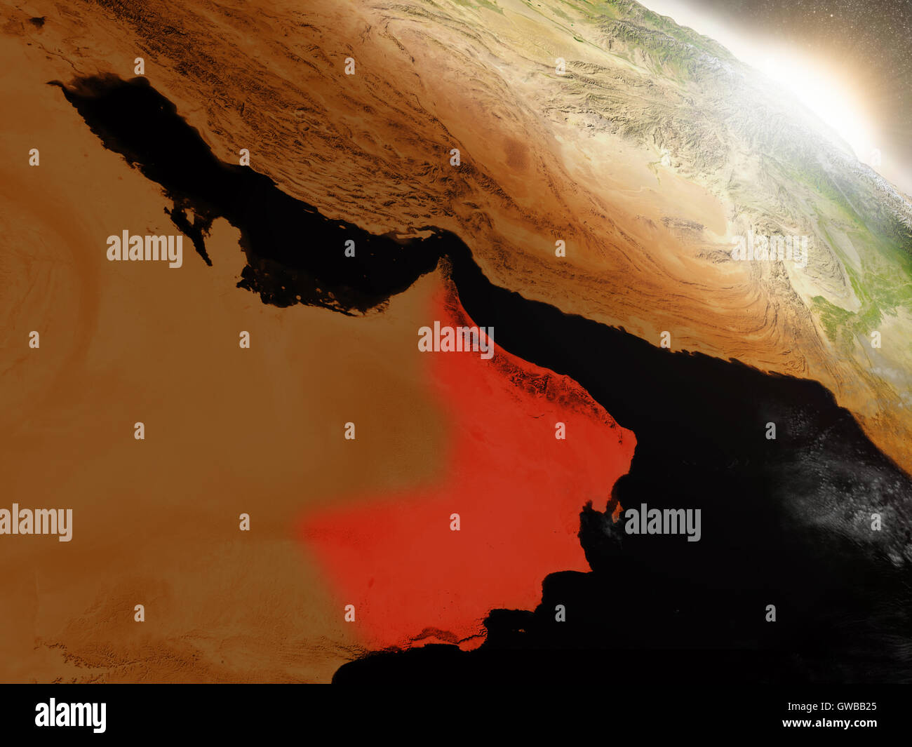Oman highlighted in red as seen from Earth's orbit in space. 3D ...
