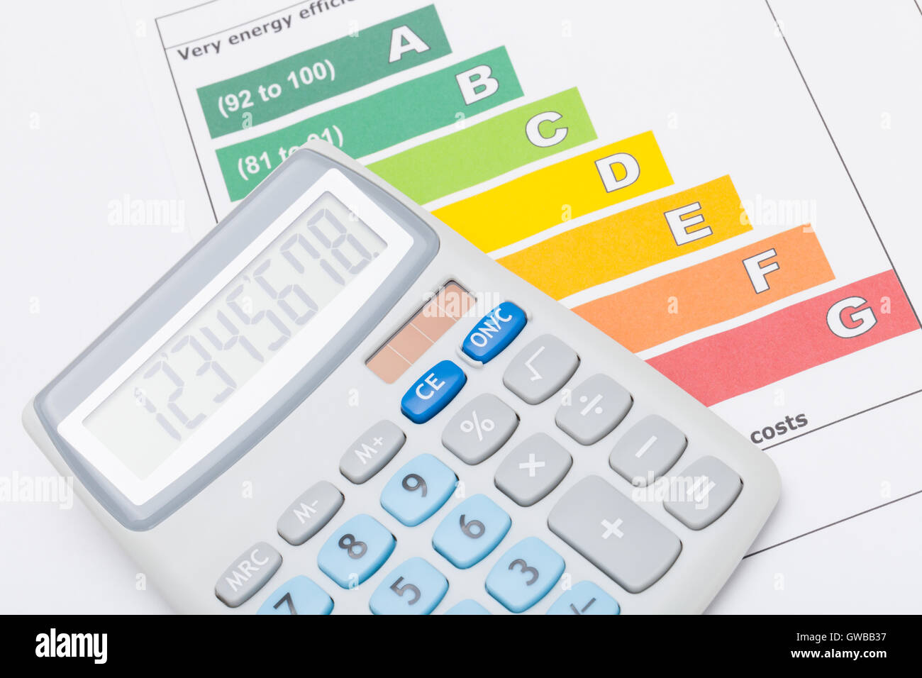 Calculator over energy efficiency chart Stock Photo - Alamy