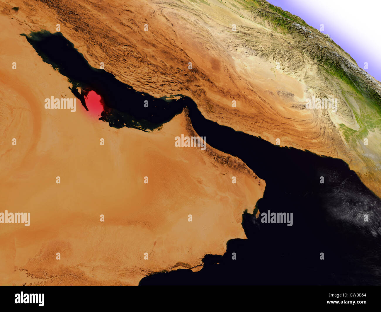 Qatar highlighted in red as seen from Earth's orbit in space. 3D ...