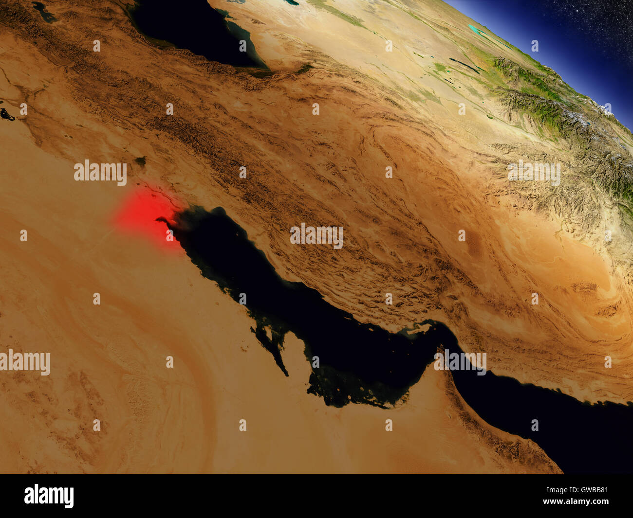 Kuwait highlighted in red as seen from Earth's orbit in space. 3D ...