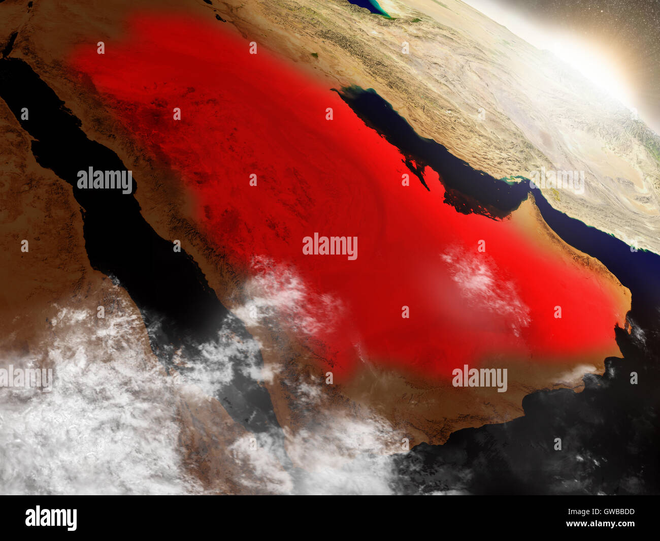 Saudi Arabia highlighted in red as seen from Earth's orbit in space. 3D ...