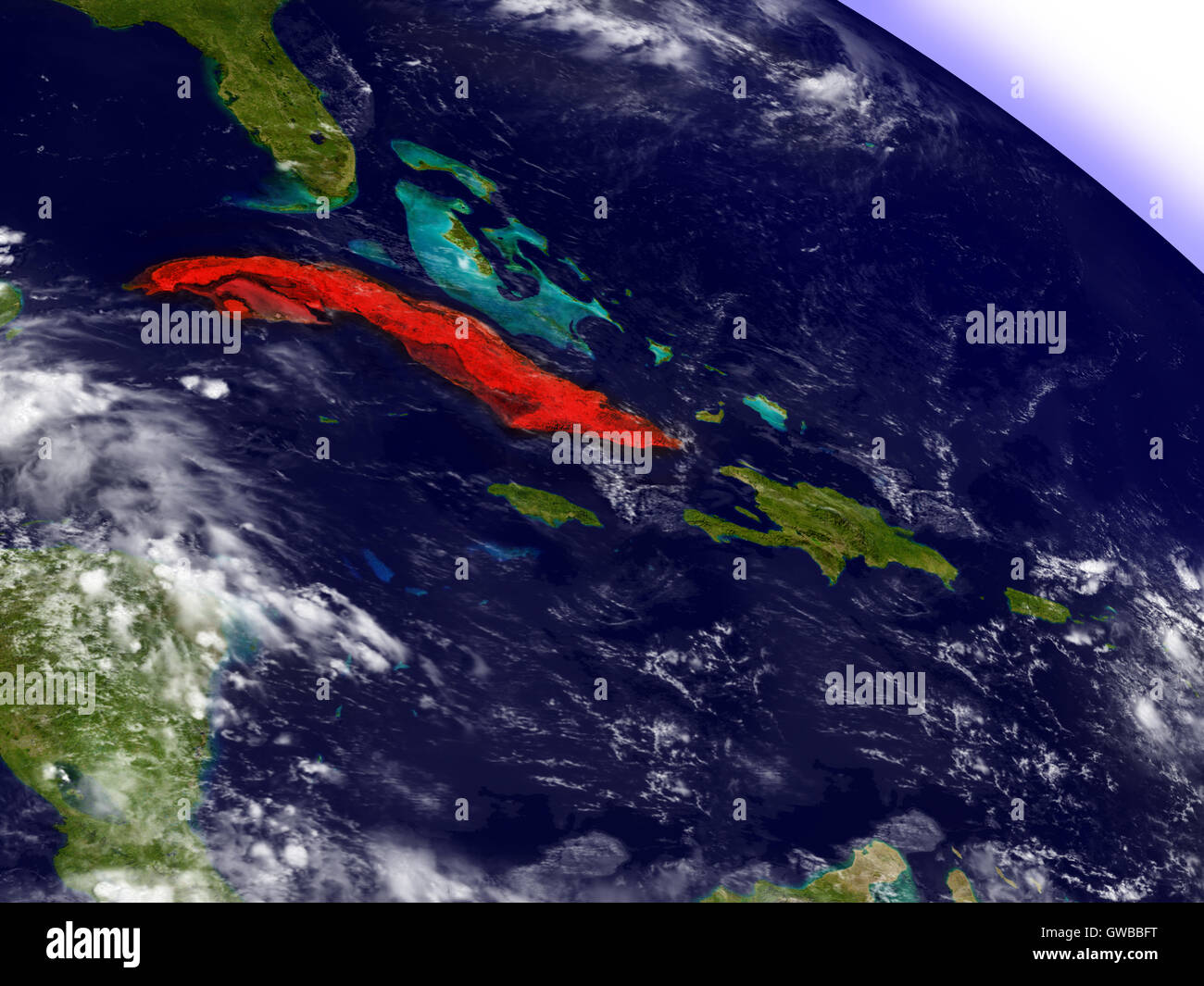 Cuba highlighted in red as seen from Earth's orbit in space. 3D ...