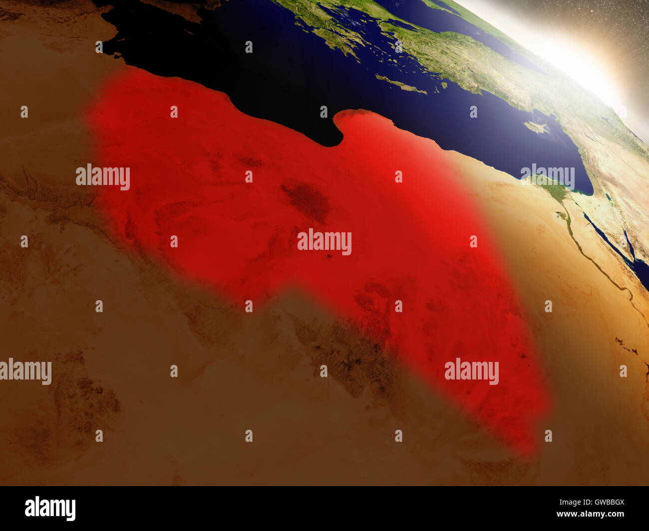 Libya highlighted in red as seen from Earth's orbit in space. 3D illustration with highly ...