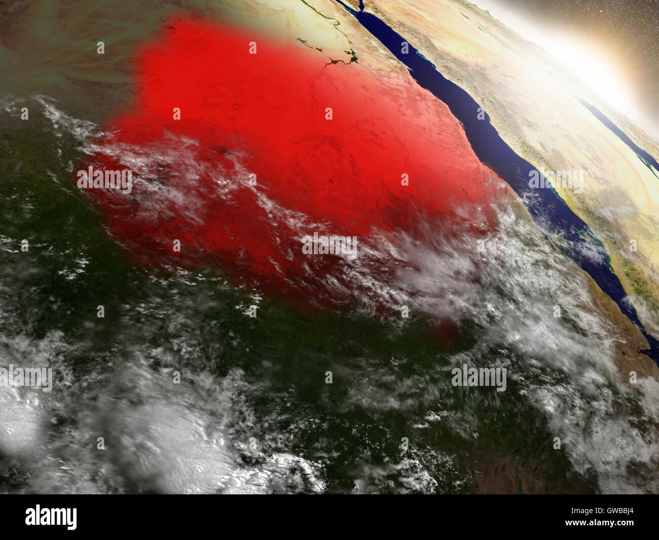 Sudan highlighted in red as seen from Earth's orbit in space. 3D illustration with highly ...