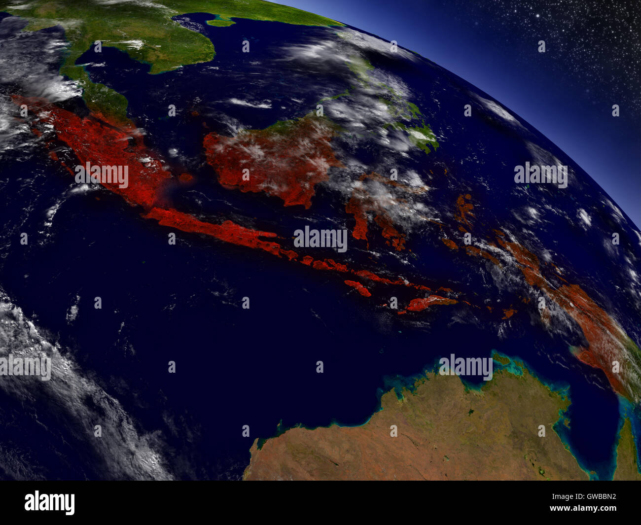 Indonesia highlighted in red as seen from Earth's orbit in space. 3D ...