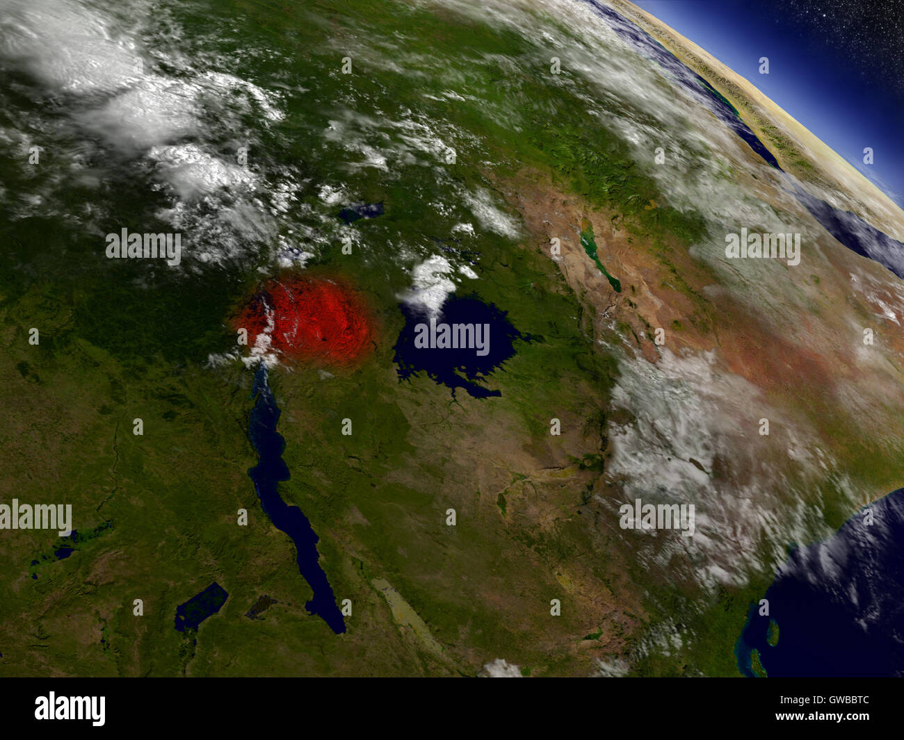 Rwanda highlighted in red as seen from Earth's orbit in space. 3D illustration with highly ...