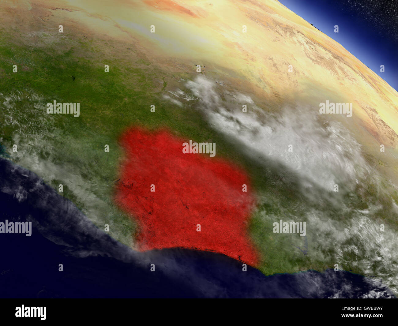 Ivory Coast highlighted in red as seen from Earth's orbit in space. 3D ...