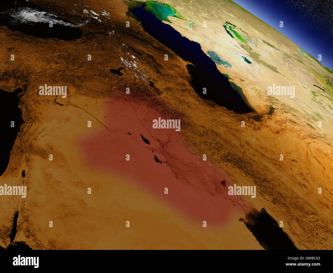 Iraq highlighted in red as seen from Earth's orbit in space. 3D ...