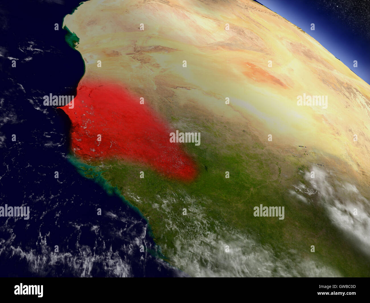 Senegal highlighted in red as seen from Earth's orbit in space. 3D ...