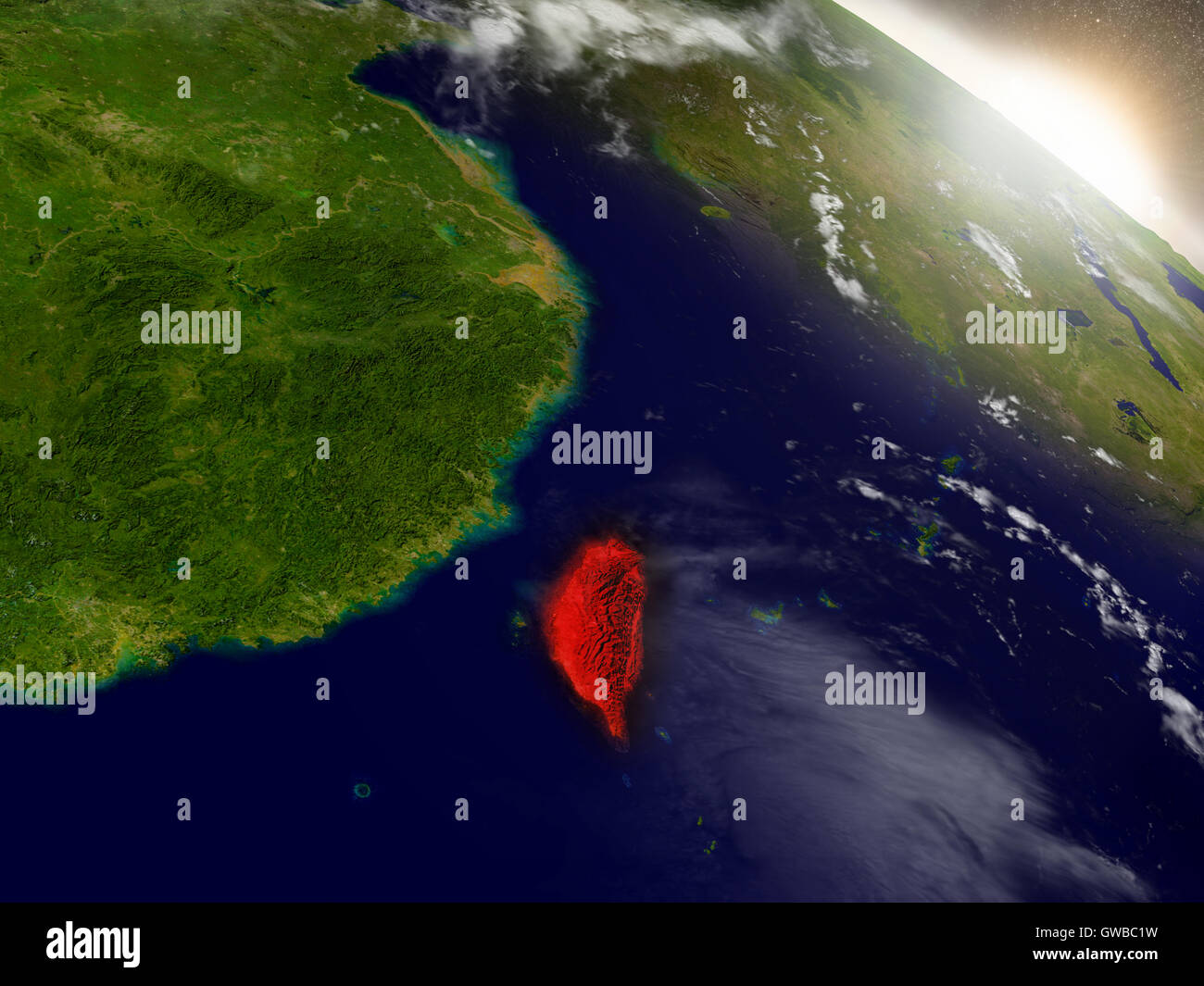 Taiwan highlighted in red as seen from Earth's orbit in space. 3D ...