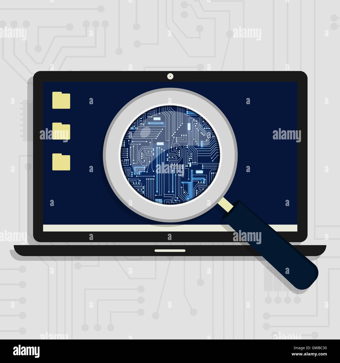 Magnifying glass enlarging the electronic circuit on the laptop monitor ...