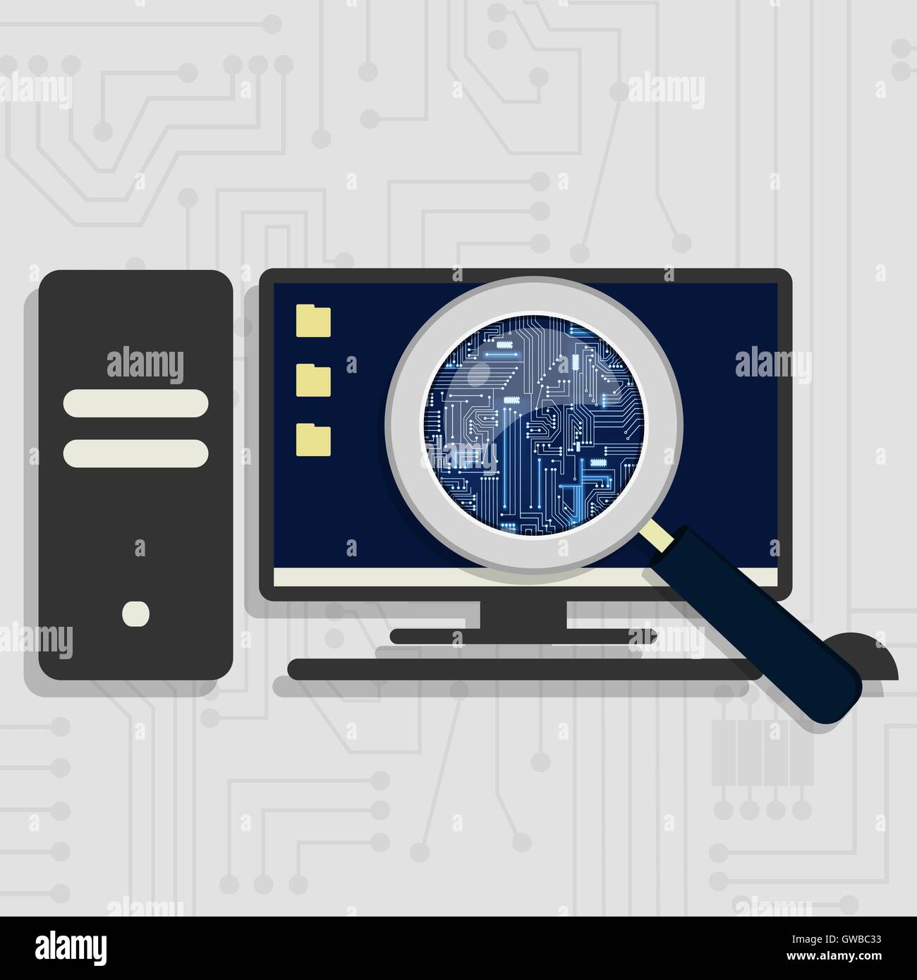 Magnifying glass enlarging the electronic circuit on the computer ...