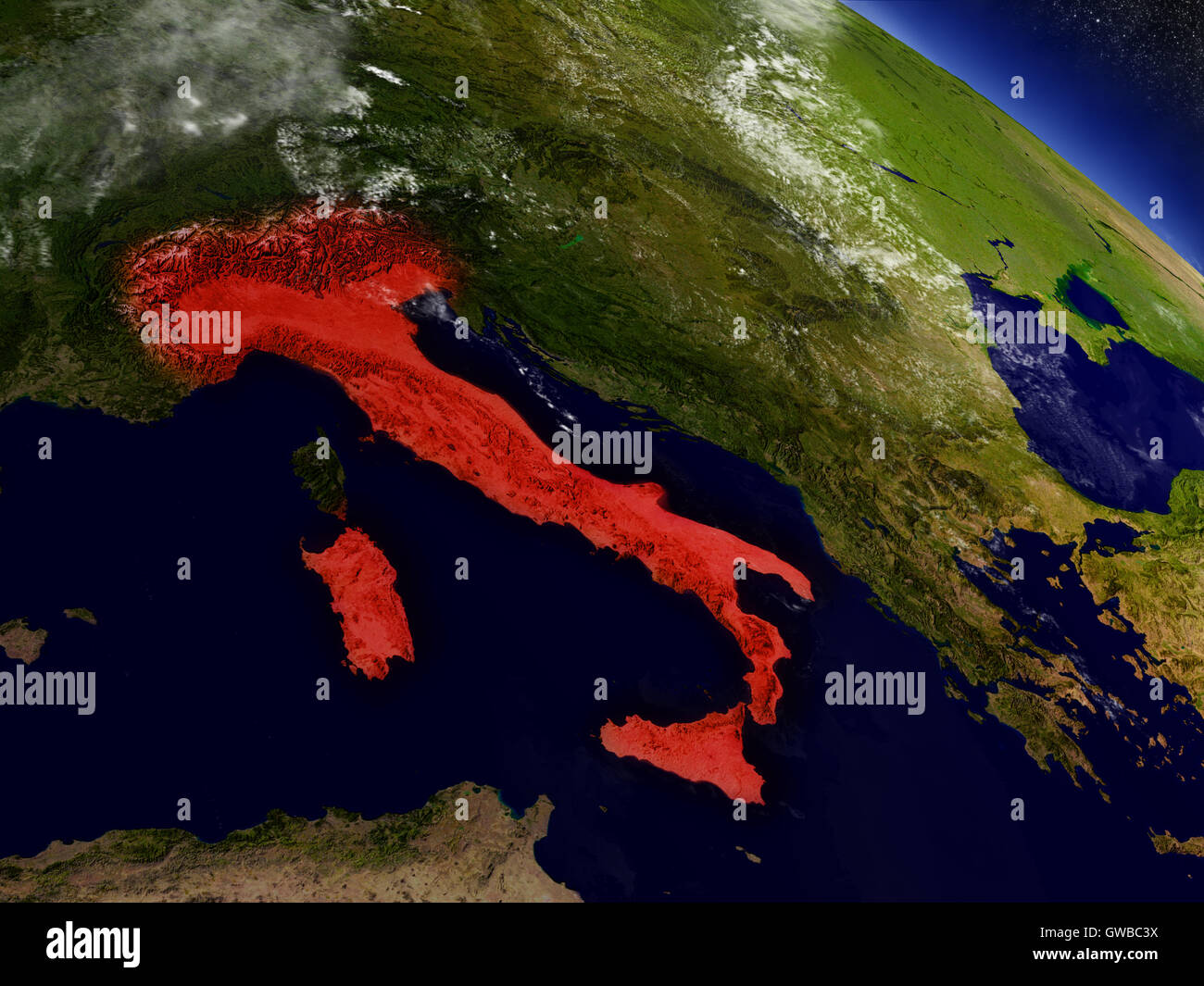 Italy highlighted in red as seen from Earth's orbit in space. 3D ...
