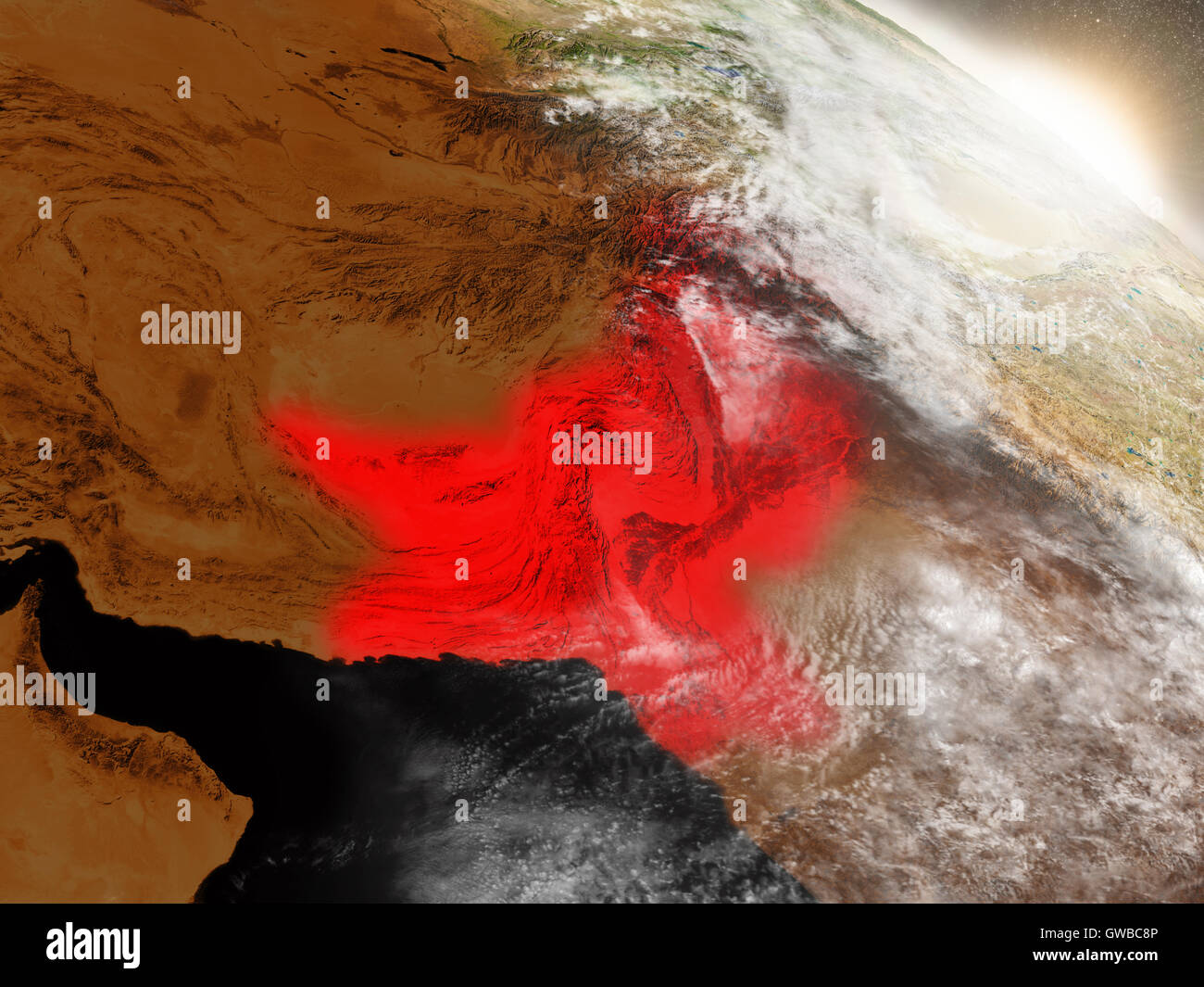 Pakistan highlighted in red as seen from Earth's orbit in space. 3D ...