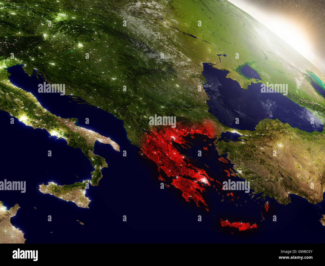 Greece highlighted in red as seen from Earth's orbit in space. 3D ...