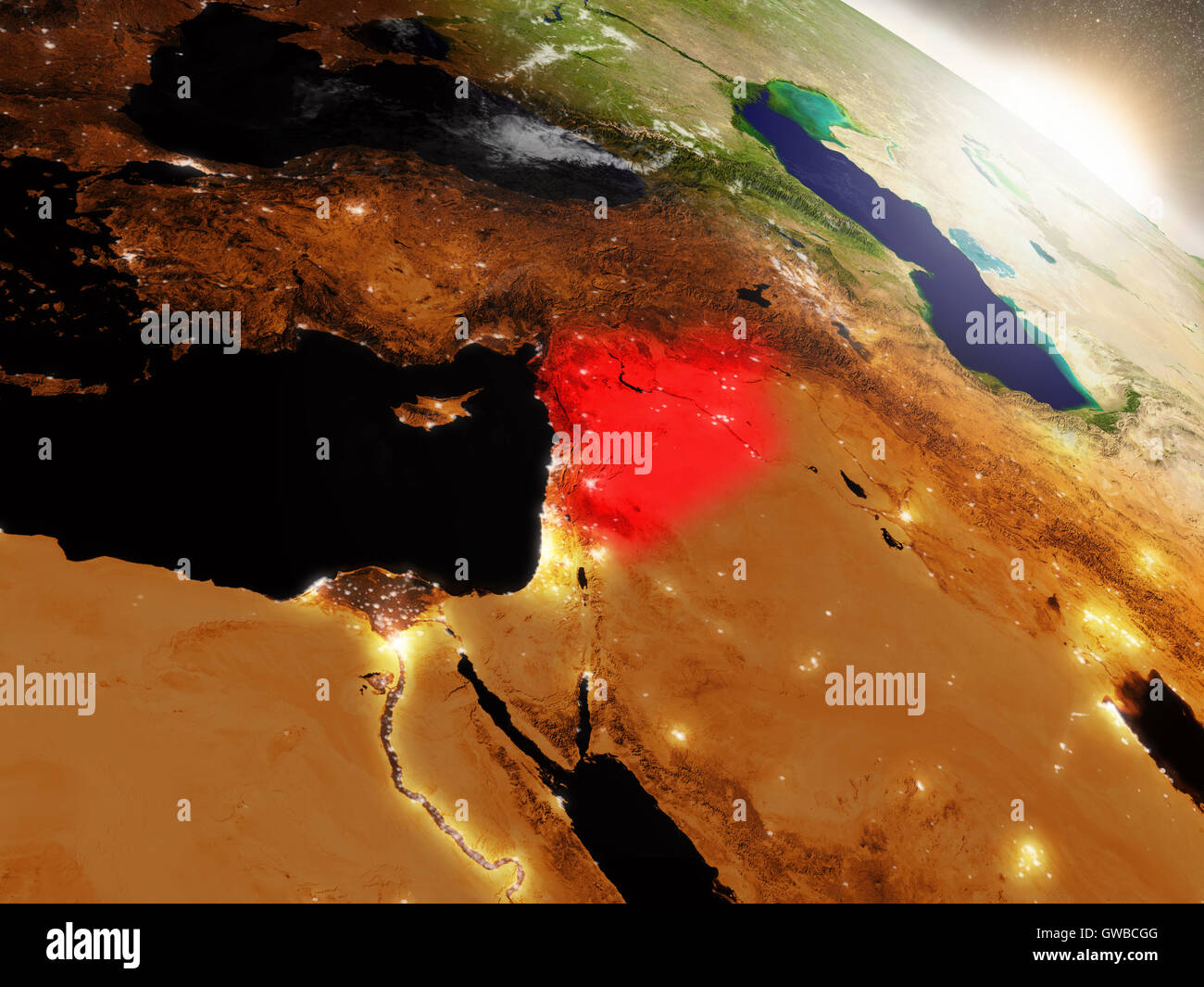 Syria highlighted in red as seen from Earth's orbit in space. 3D ...