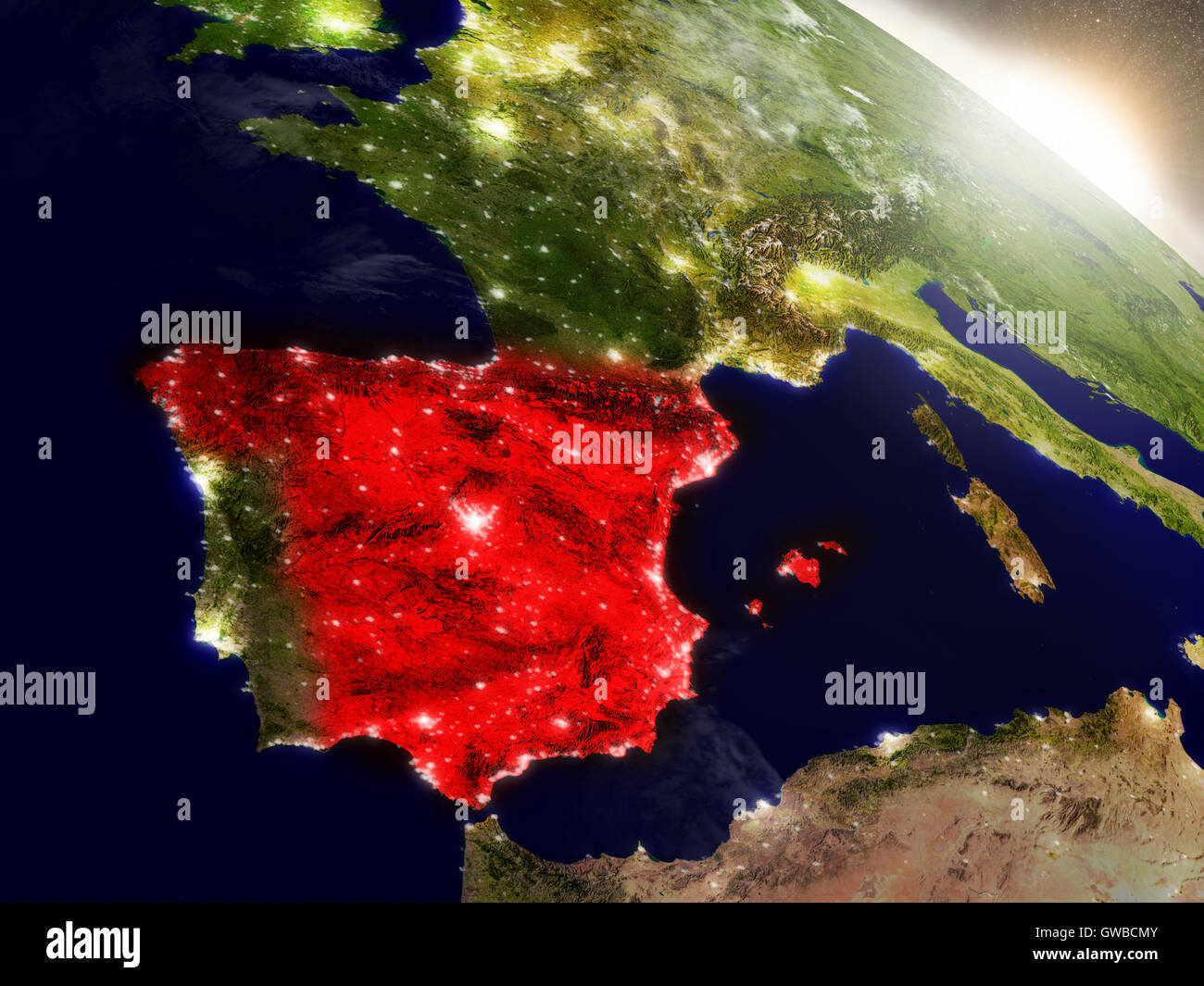 Spain highlighted in red as seen from Earth's orbit in space. 3D ...