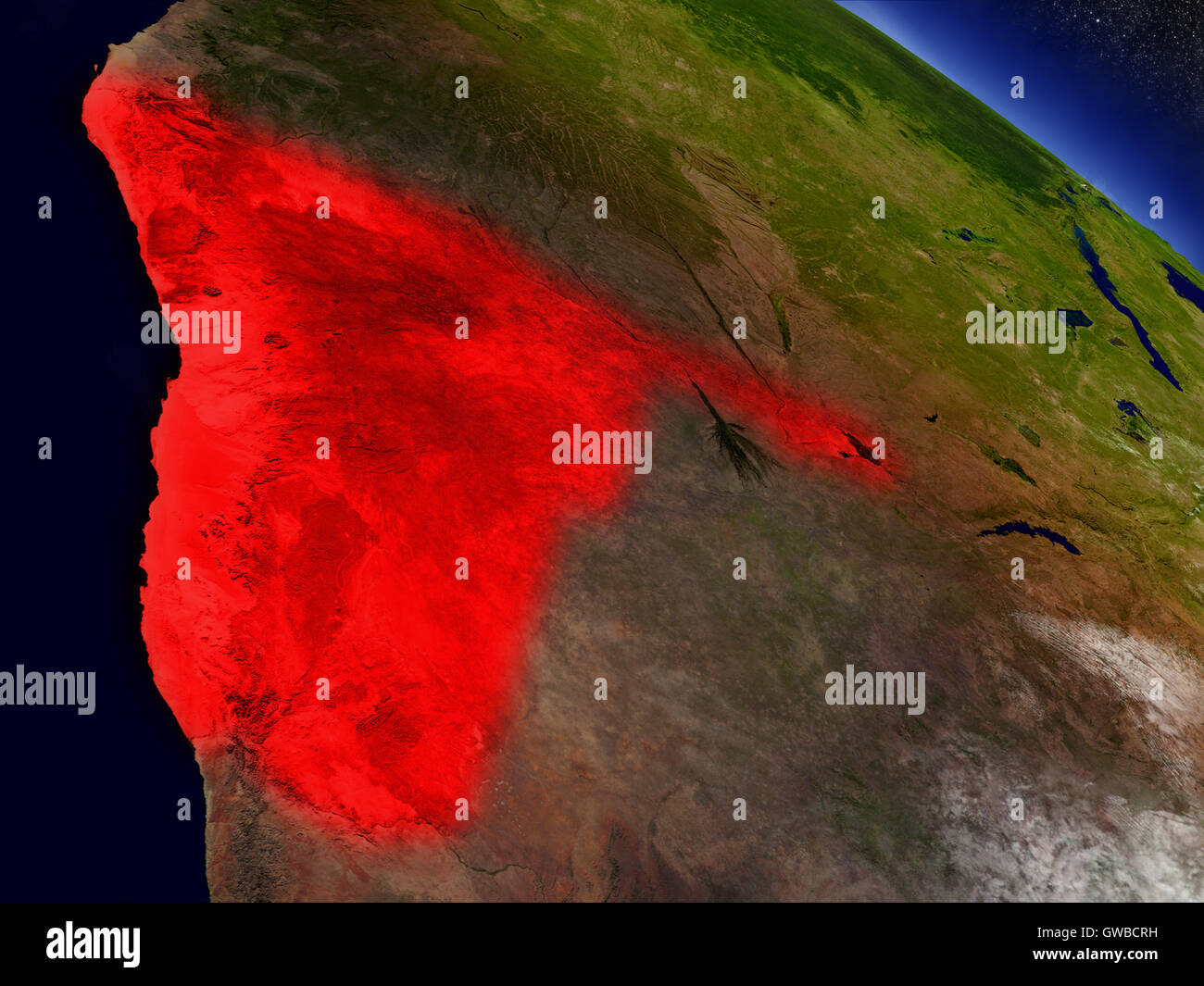 Namibia highlighted in red as seen from Earth's orbit in space. 3D illustration with highly ...