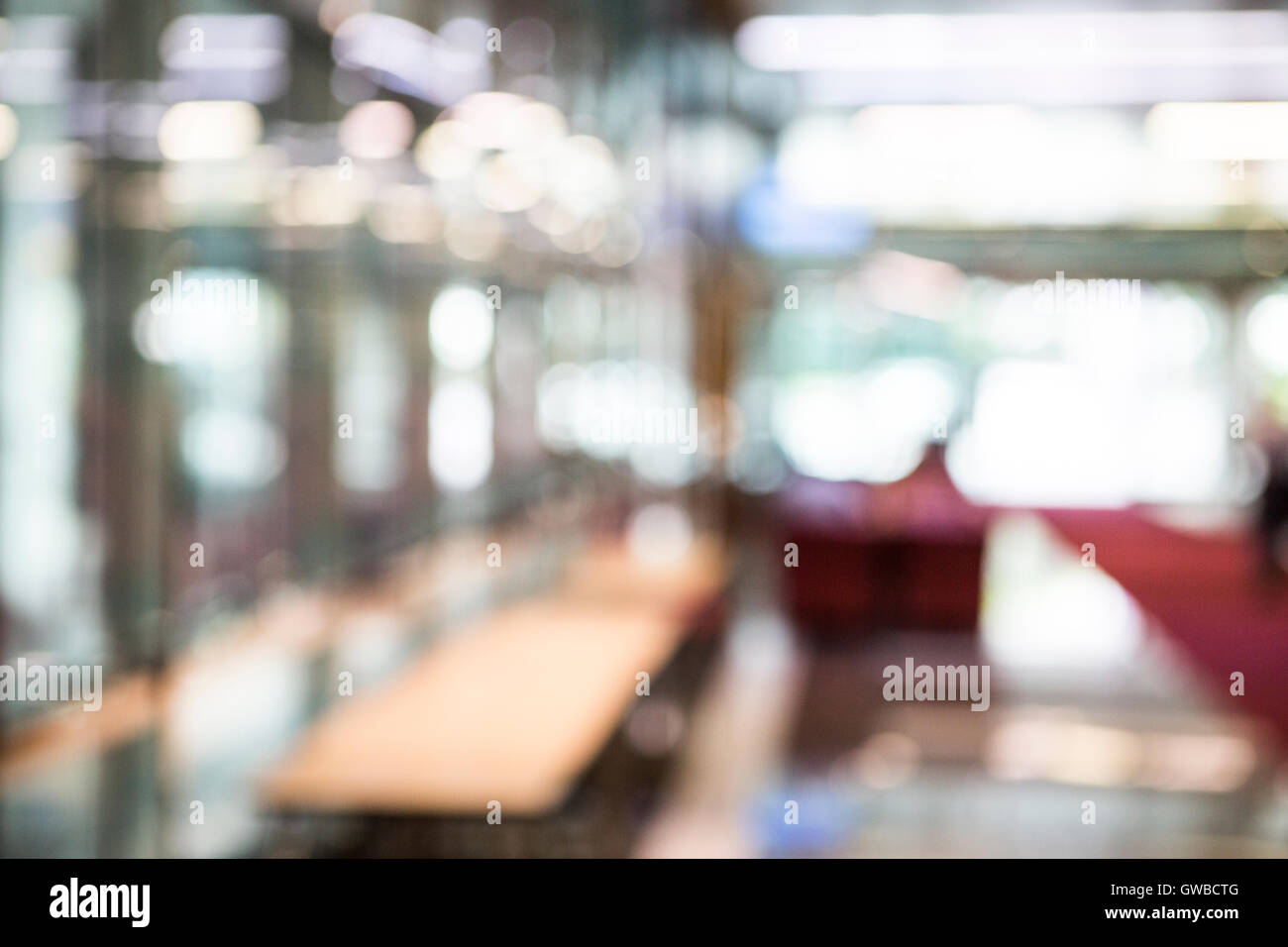 Modern interior scene in bokeh, cafe or rest room defocused background ...