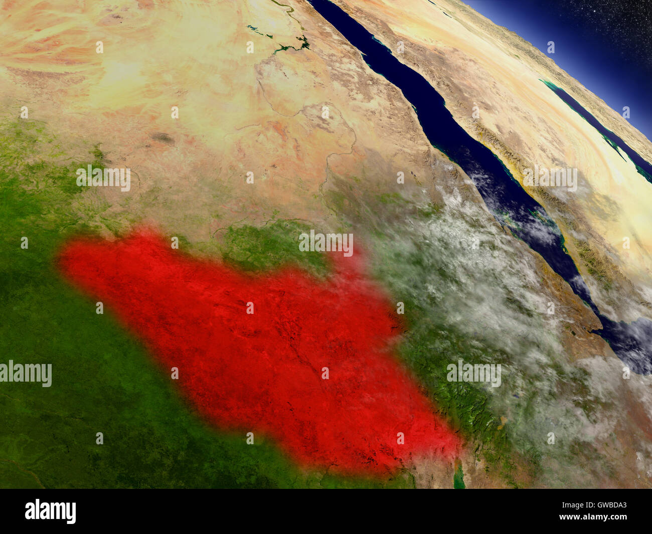 South Sudan highlighted in red as seen from Earth's orbit in space. 3D illustration with highly ...
