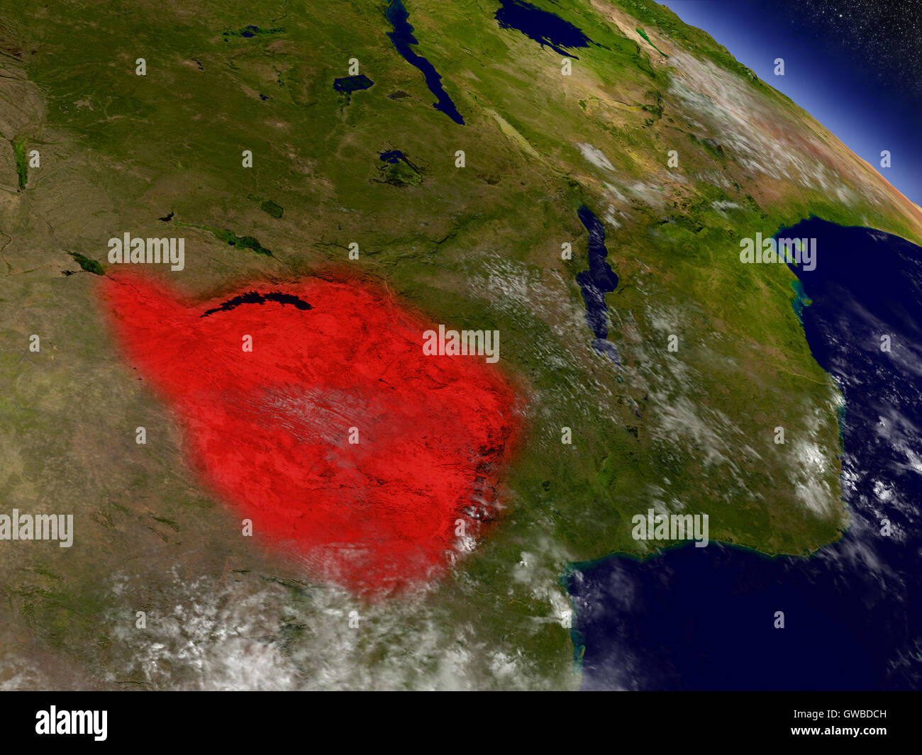 Zimbabwe highlighted in red as seen from Earth's orbit in space. 3D illustration with highly ...