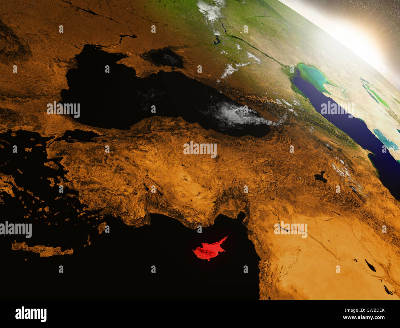 Cyprus highlighted in red as seen from Earth's orbit in space. 3D ...
