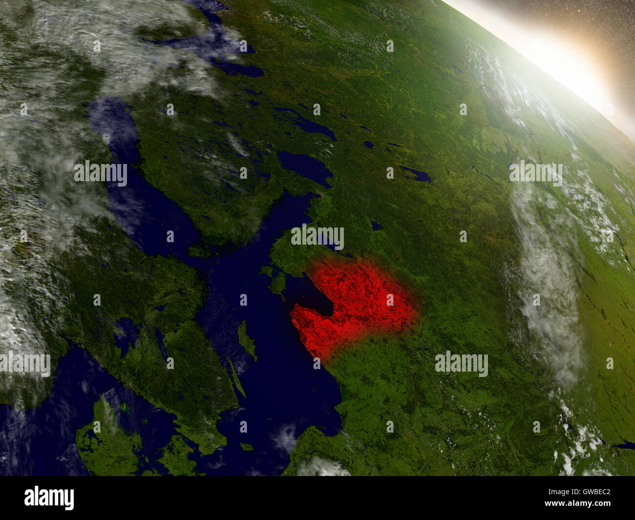 Latvia highlighted in red as seen from Earth's orbit in space. 3D ...
