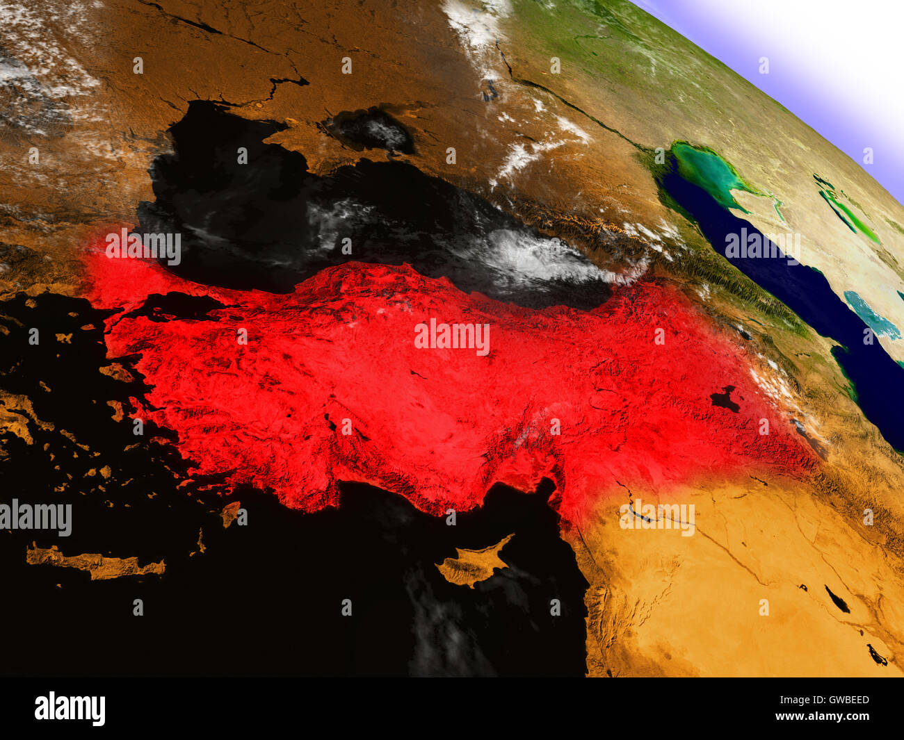 Turkey highlighted in red as seen from Earth's orbit in space. 3D ...